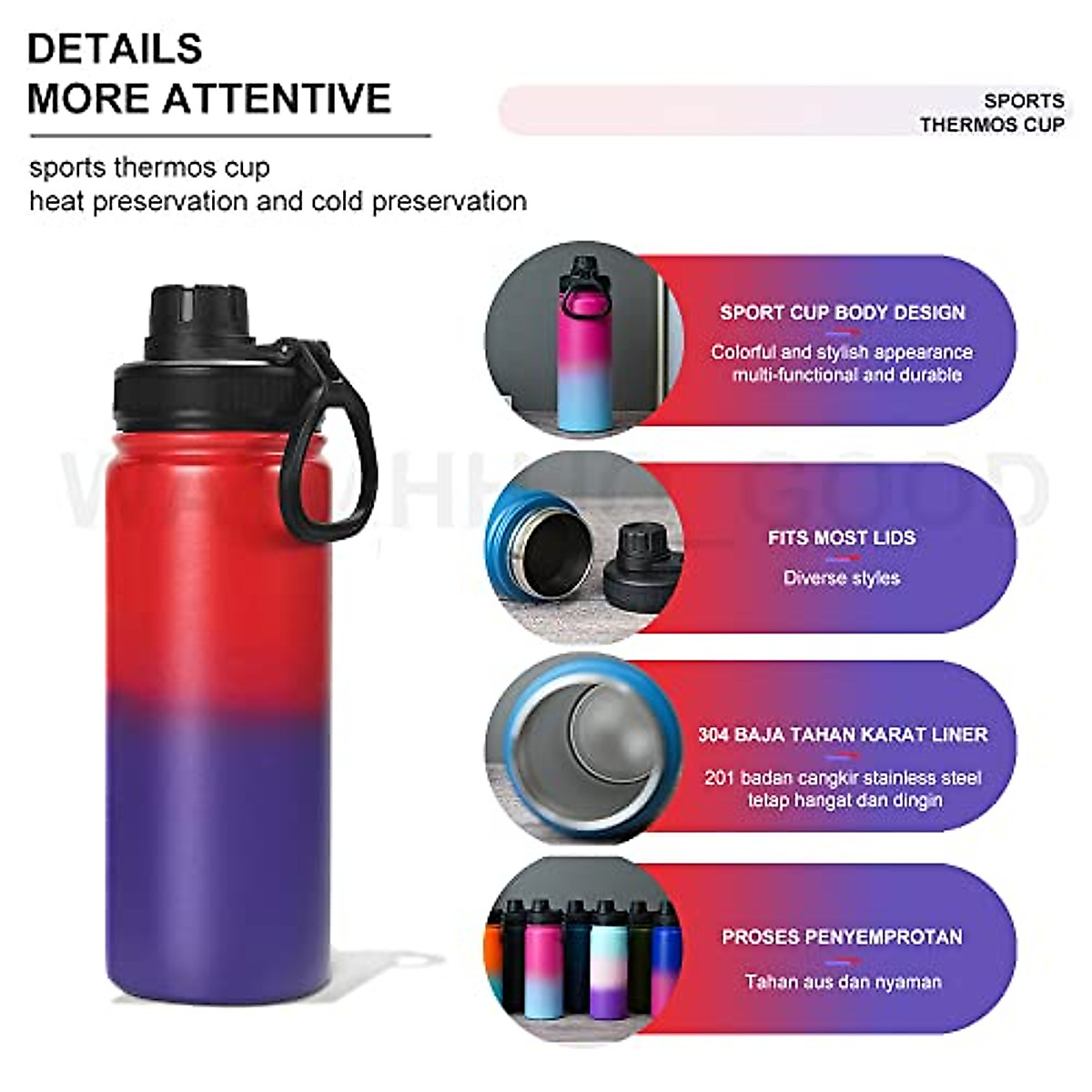 WATMHHJQ 18oz/32oz Insulated Stainless Steel Water Bottle,BPA Free,Sport Metal Thermos Water Bottles Cups, Leak-Proof Double Wall Vacuum Wide Mouth, Keep Cold for 20 Hrs/Hot 8 Hrs