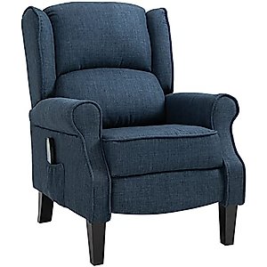 HOMCOM Vibrating Massage Recliner Chair for Living Room, Reclining Wingback Single Sofa with Heat, Linen Fabric Push Back Accent Chair with Footrest, Side Pocket, Dark Blue