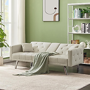 Foldable Futon Sofa Loveseat Convertible Sleeper Couch Bed for Small Space Apartment Office Living Room Furniture Sets with 2 Cup Holders, Tufted Back & Seat Orange PU Leather 67" W