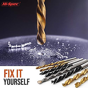 Hi-Spec 130pc Multi SAE Drill Bit Set. 11 Sizes 1/16in to 3/8in. Metal, Wood, Plastic, Dryall, Brick & Concrete Drilling. HSS Titanium, Masonry & Brad Point Steel Bits All in a Tray Case