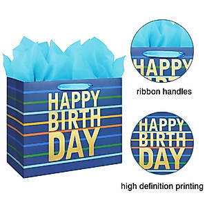 13" Large Blue Gift Bag with Tissue Paper, Card and Handles for Men's Birthday, Kids' or Baby Boy (Stripe)