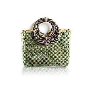 QTKJ Women Summer Retro Straw Bag with Zip Hand-woven Beach Handbag Top Round Handle Boho Tote Bag Shopping and Travel Large Bag (Green)