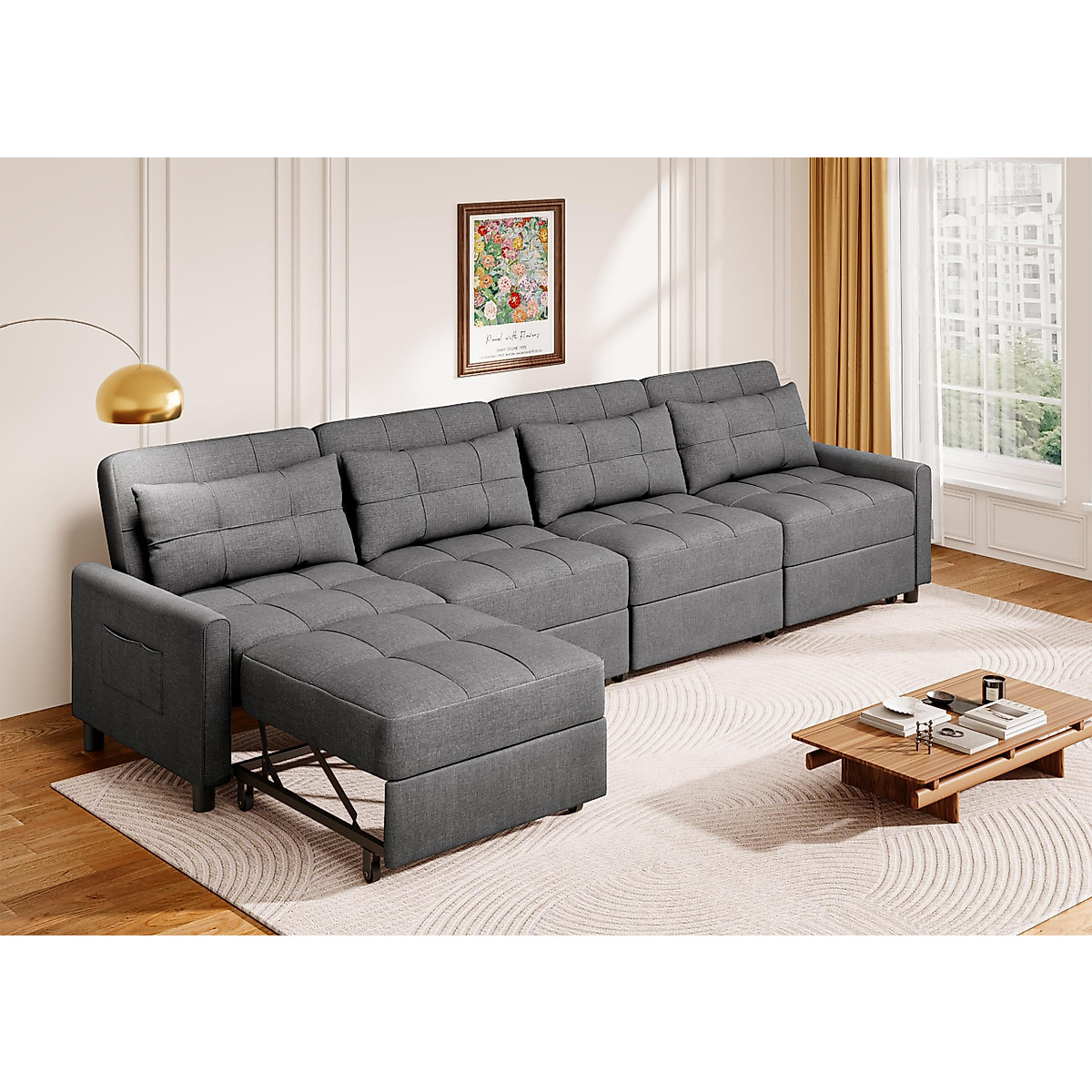 Aiho Pull Out Couch - 4-Seater Sectional Sleeper Sofa, Convertible with Adjustable Backrest & Spring Support for Living Room, Dark Grey