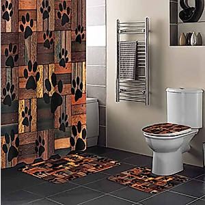 SDDSER Dog Paw Print Shower Curtain Set, 4PCS Rustic Old Barn Wood Bathroom Sets with Shower Curtain and Bath Mat, Toilet Lid Cover and U Shaped Rugs, 71" x 72" Bathtub Curtain with Hooks, SETLSSD93