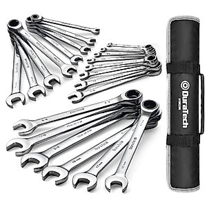 DURATECH Ratcheting Wrench Set, Combination Wrench Set, SAE & Metric, 22-piece, 1/4" to 3/4" & 6-18mm, CR-V Steel, with Pouch