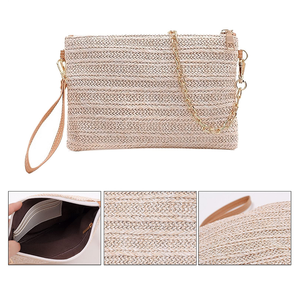 ZLM BAG US Natural Straw Boho Purse Zipper Wristlet Handbag Handmade Straw Crossbody Shoulder Bag