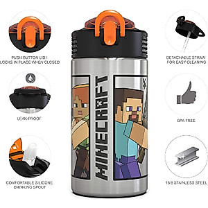 Zak Designs Minecraft - Stainless Steel Water Bottle with One Hand Operation Action Lid and Built-in Carrying Loop, with Straw Spout is Perfect for Kids (15.5 oz, 18/8, BPA-Free)