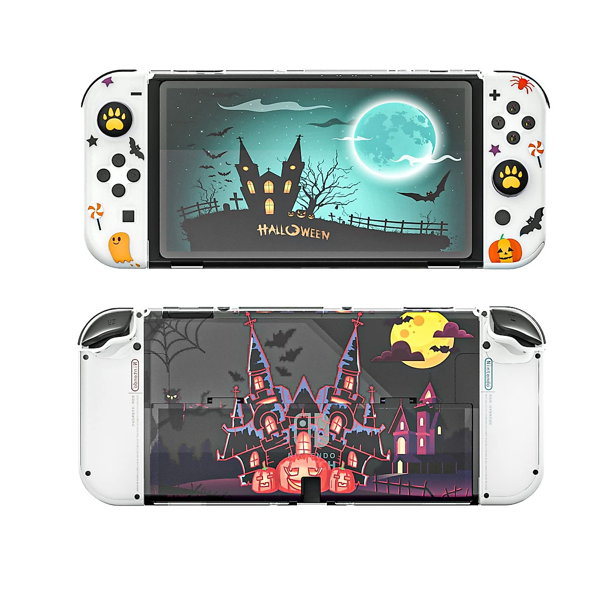 Halloween Decoration Switch OLED Case,Switch TPU Case, Switch Protective Case with Thumb Grips and Tempered Glass Screen Protector