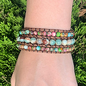 YGLINE Boho Handmade Natural Stone Bead 3 Row Wide Wrap Wrist Statment Bracelet Jewelry Collection (regalite ＆agalmatolite)