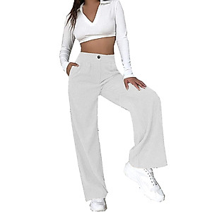 March Big Sale Women Corduroy Flare Pants Casual Corduroy Pants with Pocket Solid Corduroy Pants High Waist Bell Bottom Pants Fashion White