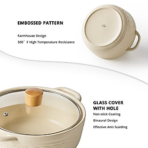 LIFVER Casserole Dish with Lid, 2.3 Quart Ceramic Roasting Pan, Farmhouse Bakeware with Cover, Round Cookware Bakeware, Microwave, Oven, Fridge and Dishwasher Safe, Off White