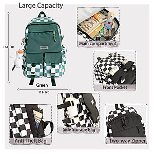 MEOKIM Kawaii backpack student schoolbag large-capacity backpack black and white plaid cute girls campus backpack(Green)