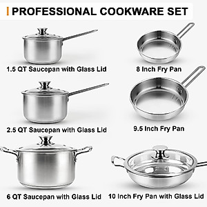 10-Piece Stainless Steel Pots and Pans Set, Kitchen Cookware Sets, Induction Pots and Pans, Cooking Set with Glass Lids, Frying Pans & Saucepan Compatible with All Stovetops