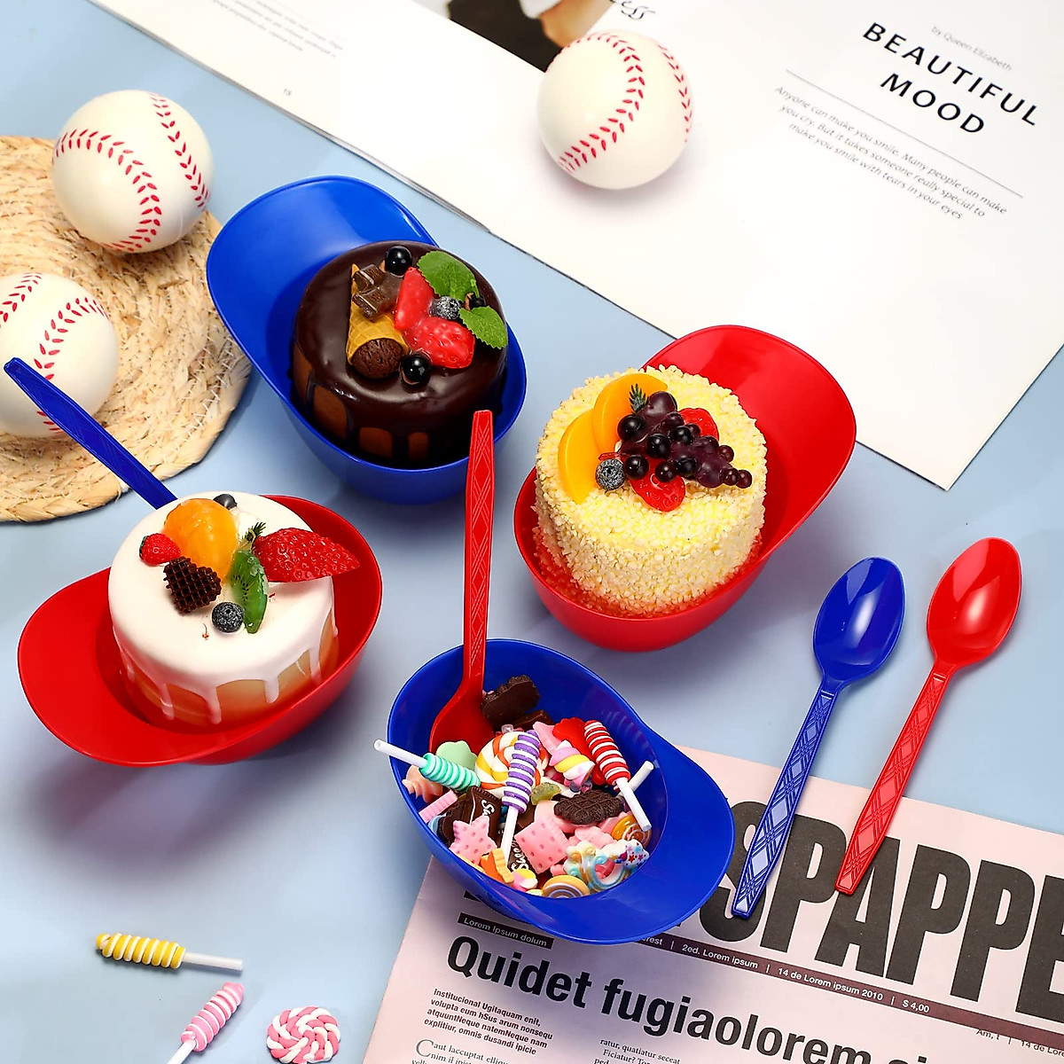 36 Count Summer Baseball Helmet Snack Ice Cream Bowl 8 oz Mini Baseball Cap Bowls Plastic Dessert Sundae Candy Bowls with 36 Spoons for Kids Birthday Sports Party Supplies (Red, Dark Blue)