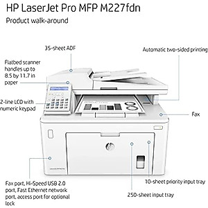 HP Laserjet Pro MFP M227fdn All-in-One NFC Ethernet Monochrome Laser Printer, White - Print Scan Copy Fax - 30 ppm, 1200 x 1200 dpi, 8.5 x 14, 35-Sheet ADF, Auto 2-Sided Printing, Cbmou Printer Cable