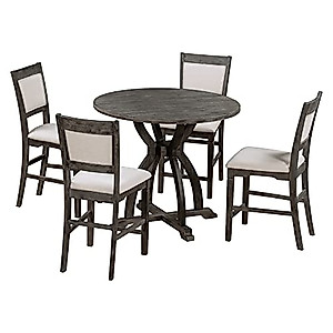 Hlcodca Farmhouse 5-Piece Counter Height Dining Table Set,Round Kitchen Dining Table Set with Trestle Legs and 4 Upholstered Dining Chairs for Small Place (Gray#R^Farmhouse)