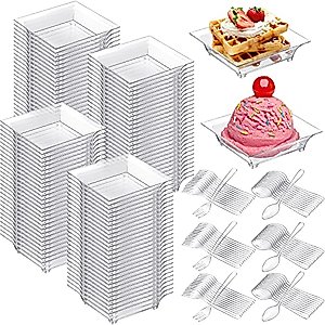 Meanplan 300 Pack Mini Appetizer Plates Clear Mini Dessert Plates Disposable Square Appetizer Plates with 150 Plastic Forks 150 Plastic Spoons for Wedding Party Supply