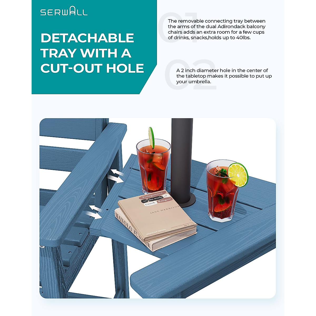 SERWALL Tall Adirondack Chairs Set of 2 with Connecting Table, Blue