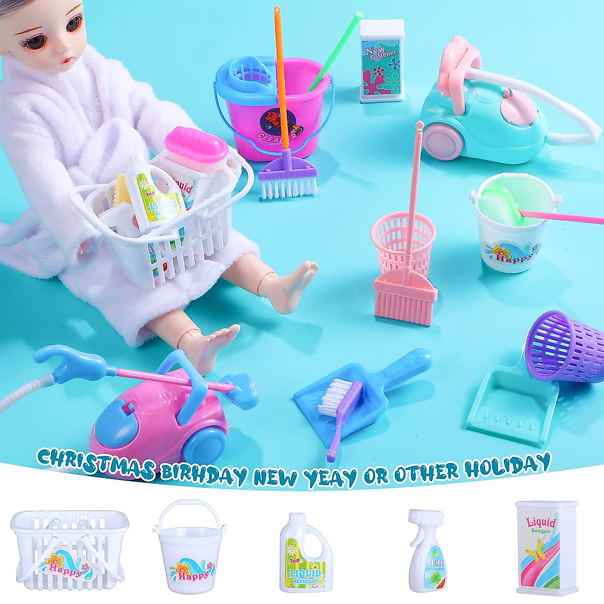 22 Pieces Miniature Bucket Doll Housework Cleaning Supplies Mini Dollhouse Accessories Mop Dustpan, Brush, Broom, Bucket Dollhouse Furniture Decoration Accessories for Dolls Pretend Play, Random Color