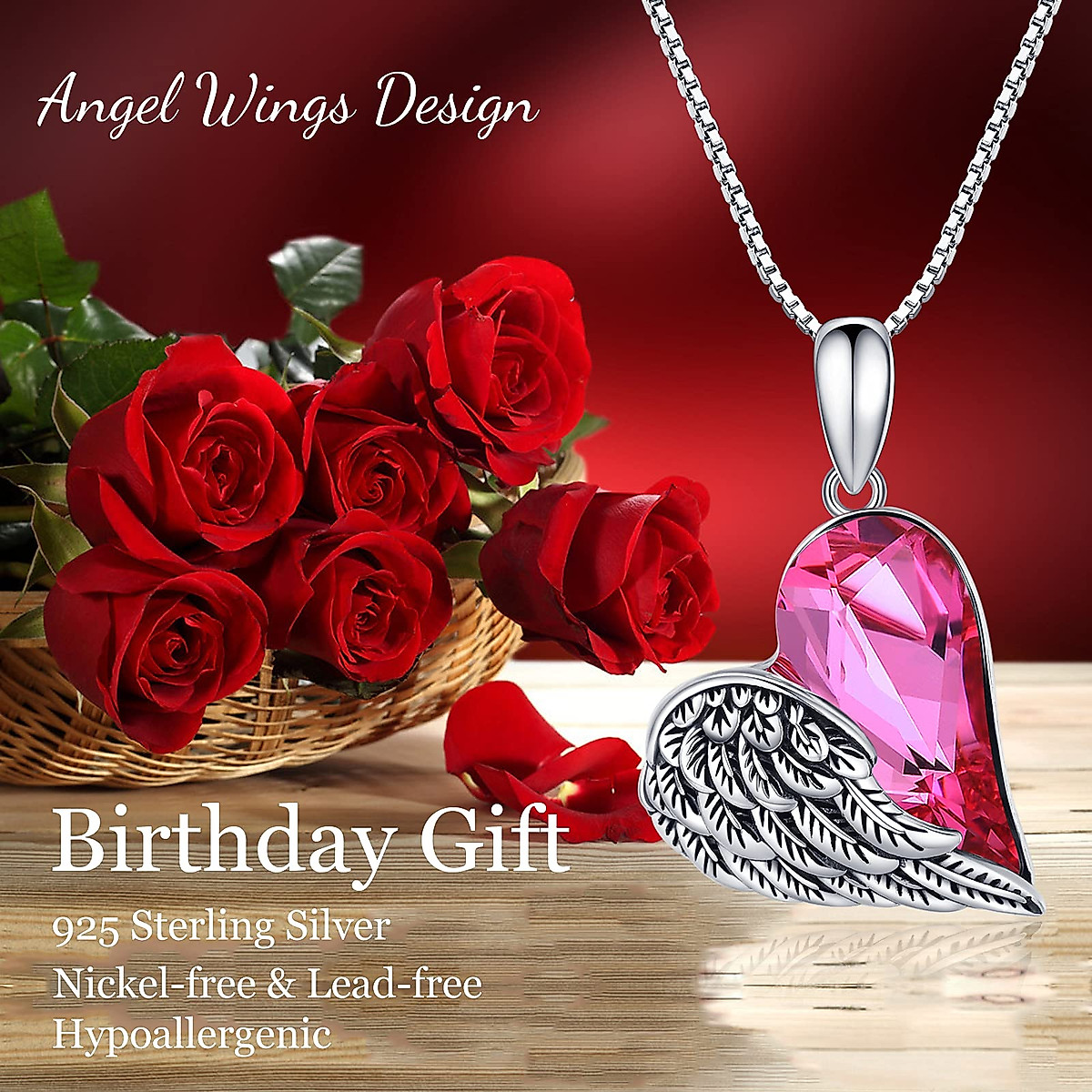 TwoAnts Angel Wings Necklace 925 Sterling Silver Guardian Angel Love Pendant Necklace with Love Heart Crystal Necklace Jewelry Graduation Birthday Gifts for Her Women Wife