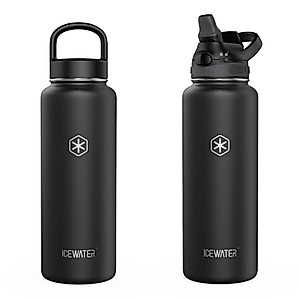 ICEWATER-40 Oz Stainless Steel Water Bottle With Soft Auto Straw & Wide Mouth Lids, Double Walled Vacuum, Mouthpiece DustProof, Lock Feature, Pop-up Tops, One-handed Operation (40 Oz, Black)
