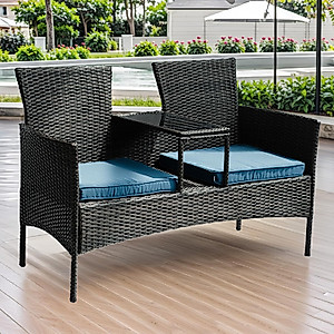 TINKLE WELL Wicker Outdoor Loveseat Modern Rattan 2-Seat Patio Conversation Set with Cushions & Built-in Coffee Table Porch Furniture for Garden Lawn Backyard, Dark Brown