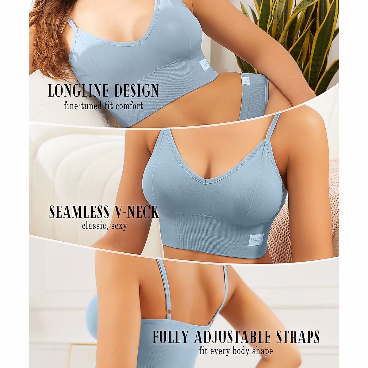 Livona 3 Pack Longline Sports Bra for Women- Soft Wireless Bra, Padded Seamless Bralette, Stretch Crop Cami Tank S-XXL