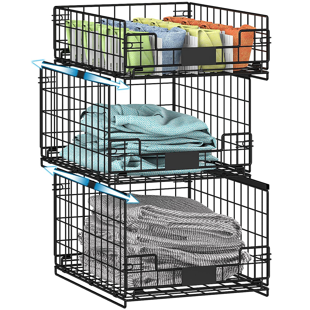 3 Pack Sliding Closet Organizers and Storage, Stackable Closet Storage Shelves, Pull Out Clothes Storage Organizer Baskets/Containers/Drawers with Dividers for Wardrobe (Black-Sturdy Wire Metal Frame)