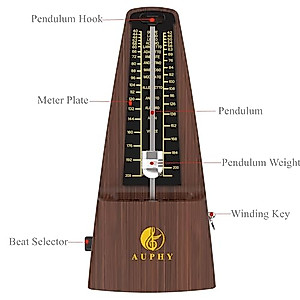 AUPHY Mechanical Metronome with Accent Bell, Classic Shape, Accurate Beat, Multiple Beat Modes, Suitable for Piano Guitar Drums Violin Saxophone etc（Wood Grain）