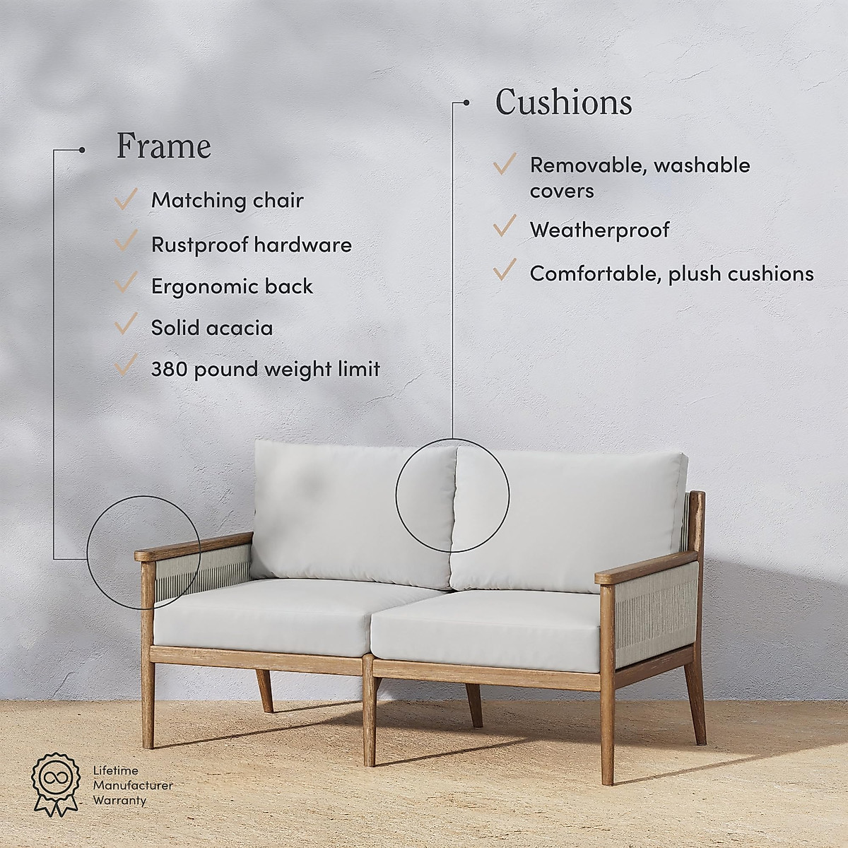 Nathan James Kayden Bohemian Wood Loveseat Sofa, Upholstered Outdoor Seating with Removable Cushion Covers, Solid Acacia Wood Frame, Light Brown