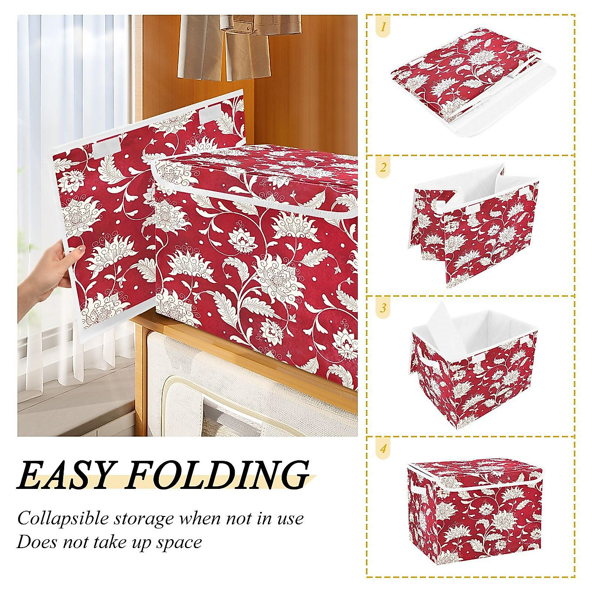 DIGTIA Chinese Traditional Flowers Storage Bins with Lids Red Background Foldable Storage Basket with Handles Collapsible Large Fabric Organizer Containers for Clothes Shelves Closet Office Home Bedro