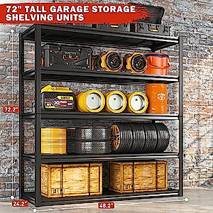 REIBII 48" Wide Garage Shelving Heavy Duty 72"H Garage Storage Shelves 2750LBS Heavy Duty Shelving Adjustable 5 Tier Metal Shelving for Garage Storage Shelving Industrial Shelving Storage Rack, Black