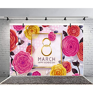 Leowefowa 10x8ft March 8th Happy Women's Day Backdrops for Photography Blooming Flowers Pink Backgrouds Vinyl Mother's Day Photo Backdrop Festival Party Banner Portraits Props