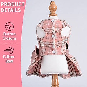 Winter Dog Dress for Small Dogs Girl, Pink Plaid Dog Dresses Winter Warm Fleece Lining Female Small Dog Clothes, Pet Outfits Coat, Cat Apparel for Holiday,Christmas,Small,Yikeyo