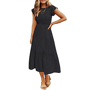 ZESICA Women's 2025 Summer Casual Flutter Short Sleeve Crew Neck Smocked Elastic Waist Tiered Midi Dress,AllBlack,Medium