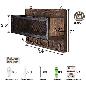 ADIIL Mail and Key Holder for Wall Decorative, Wooden Wall Key Rack Organizer with 4 Double Key Hooks, Wall Mount Key Hanger for Wall with Shelf, Rustic Home Decor for Entryway Hallway, Brown