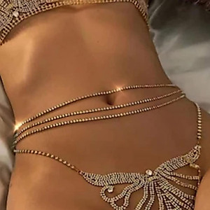 Rhinestone Layered Body Chain Sliver Sexy Crystal Metal Belly Waist Chains Evening Rave Nightclub Multilayered Adjustable Body Accessories Jewelry for Women(3pcs)