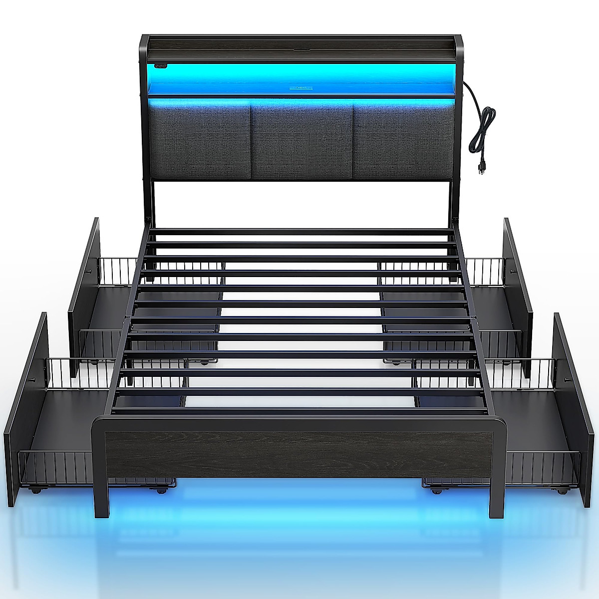 Rolanstar Bed Frame Twin Size with Charging Station and LED Lights, Upholstered Storage Headboard with Drawers, Heavy Duty Metal Slats, No Box Spring Needed, Noise Free, Easy Assembly, Dark Grey