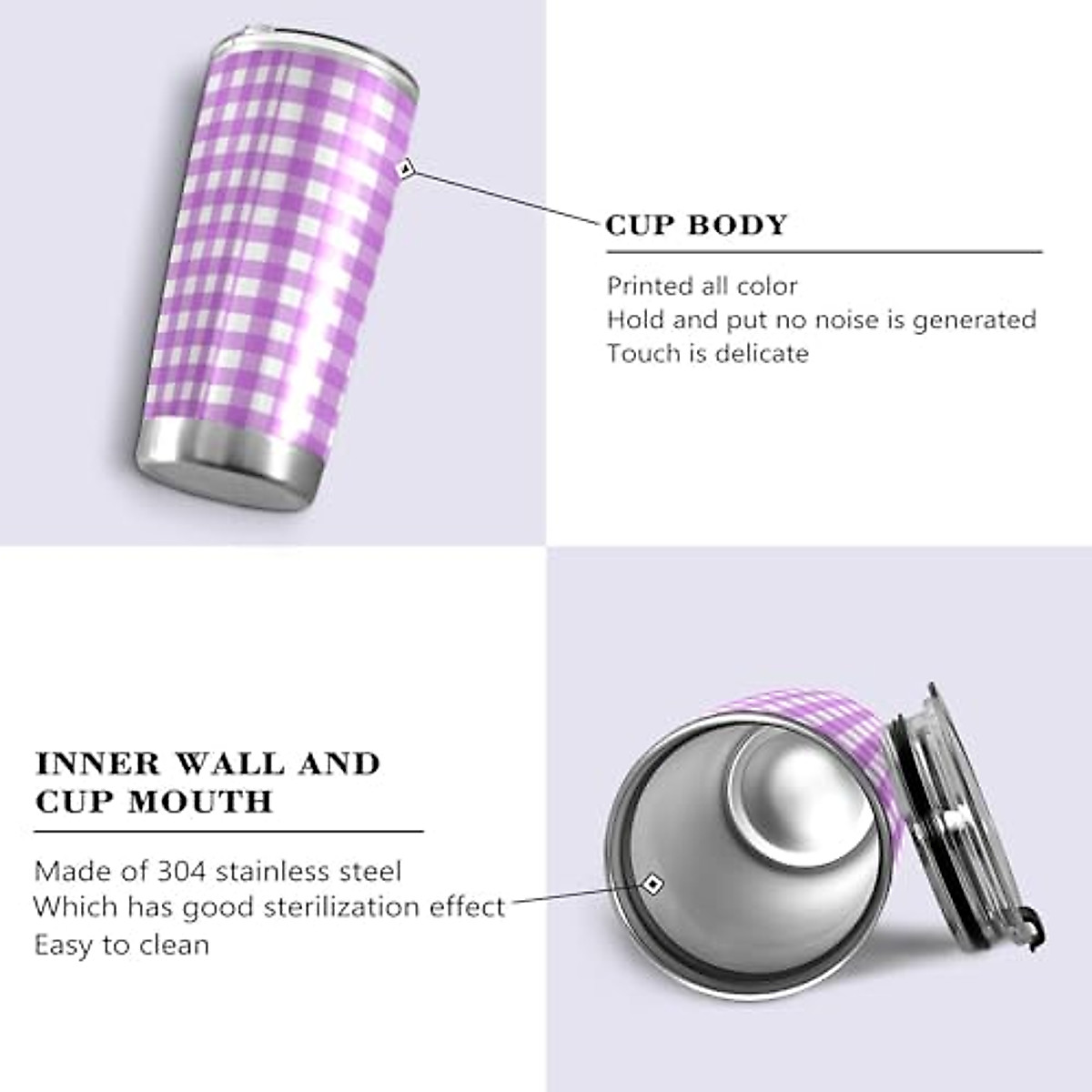 Purple and White Checkered Stainless Steel vacuum insulated water bottle with Lid and Straw coffee travel mug 20oz for Water, Iced Tea or Coffee leakproof tumblers with lids botellas para agua
