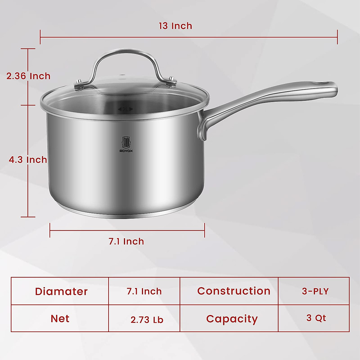 ROYDX Stainless Steel Sauce Pan with Lid, 3QT Saucepan with Stay-cool Handle, Induction Compatible Cooking Pot Multipurpose Use for Home Kitchen or Restaurant, Dishwasher Safe, Oven Safe
