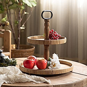 YMLHOME 2 Tier Tray Rustic Farmhose Decor Tray with Metal Handle Round Wood Tiered Serving Tray Stand for Decor and Serving Fruit Cake Desserts Snack Candy Nuts Light Brown