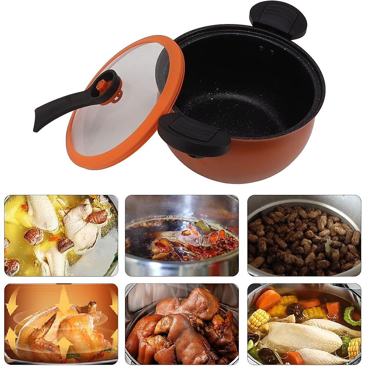 Non Stick Pressure Cooker,Thickened and Durable Medical Stone Soup Pot 8L Large Capacity Micro Pressure Cooker with Transparent Glass Lid (Orange)