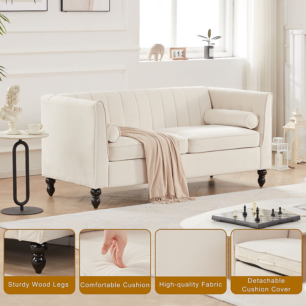 Kingfun 67" Modern Sofa for Living Room, Comfy Loveseat Linen Fabric with 2 Bolster Pillows, Mid Century Modern Couch Small Love Seat for Bedroom with Solid Wooden Frame and Padded Cushion, Beige