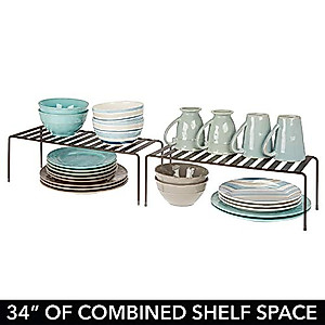 mDesign Modern Metal Storage Shelf Rack - 2 Tier Raised Food and Kitchen Organizer for Cabinets, Pantry Shelves, Countertops Dishes, Plates, Bowls, Mugs, Glasses - 2 Pack - Bronze