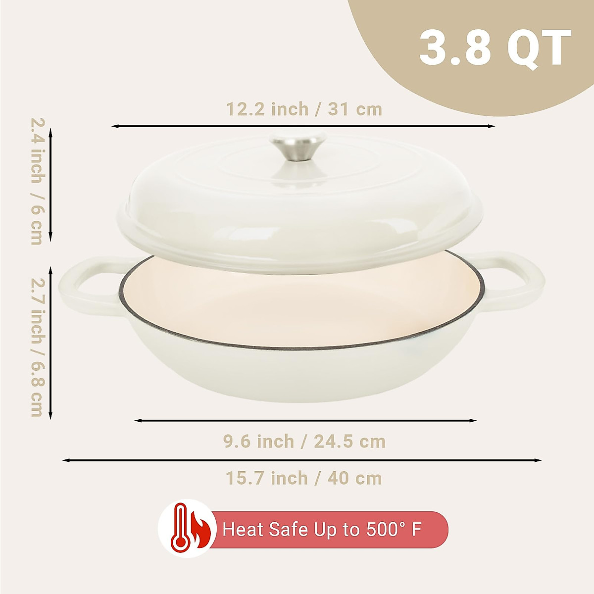 UFEH Enameled Cast Iron Dutch Oven, 3.8 Quart Dutch Oven Pot with Lid, Non Stick Dutch Oven Cast Iron Pot, Round Oven Safe up to 500°F for Marinate, Cook, Bake, Refrigerate and Serve – Cream White