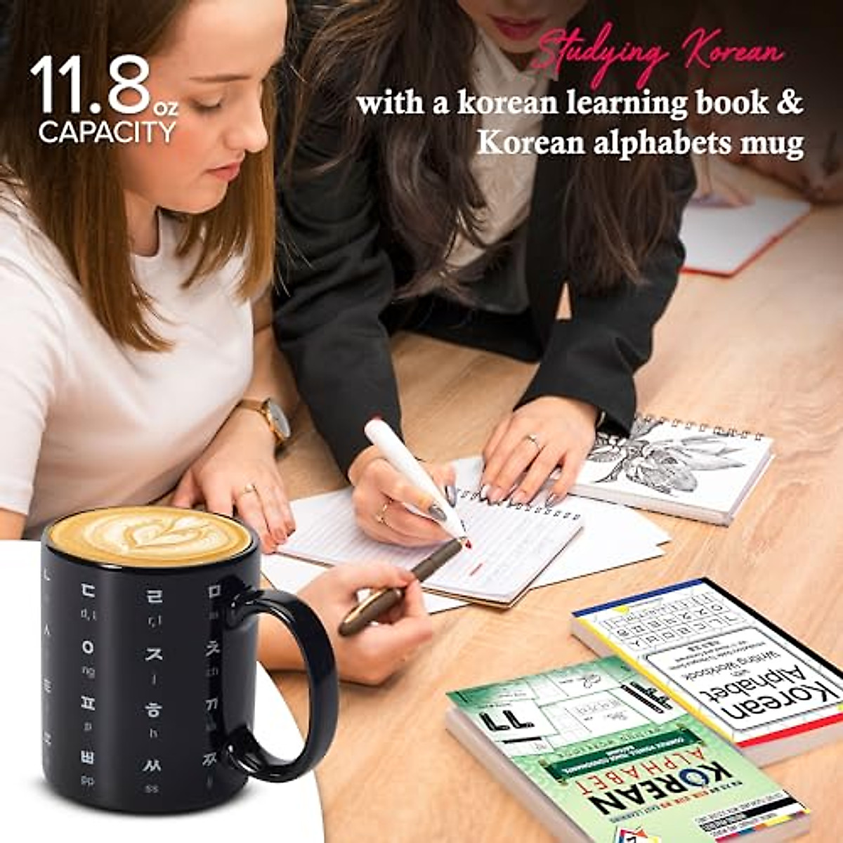 BICETTO Kpop Merch - Korean Alphabet, Korean Gifts, Kdrama Merch, Korean Drama Gifts, Korean Gifts, BTS Cup, BTS Mug, K Drama, 12oz, Stylish, Durable, Microwave Safe, Premium Quality (Carbon Black)