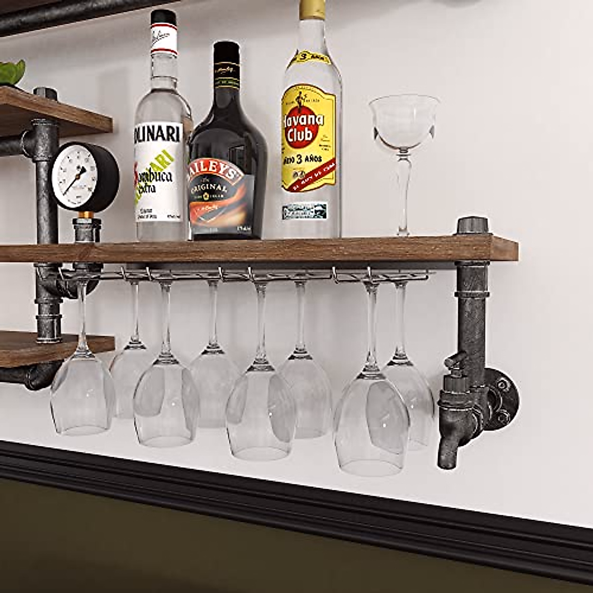 HOMEKAYT Industrial Pipe Wine Rack, Wall Mounted Wine Rack with 4 Stem Glass Holder, Metal Floating Bar Shelves Wall Bar Shelf for Kitchen/Living Room/Home