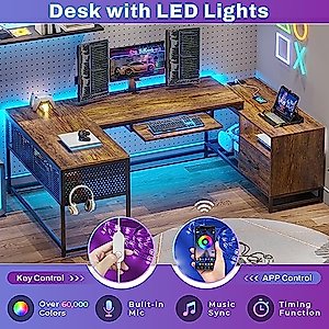 SEDETA L Shaped Computer Desk, Home Office Desk with File Drawer & Power Strip, L Shaped Gaming Desk with LED Light, Keyboard Tray, Pegboard, Storage Shelf, Rustic Brown