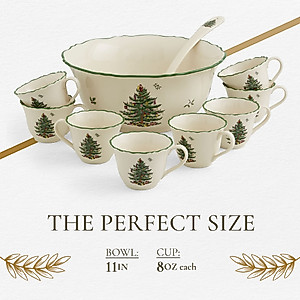 Spode Christmas Tree 10 Piece Punch Bowl Set- Made of Fine Porcelain Includes - 1 Punch Bowl - 1 Ladle - 8 Punch Cups - Punch Bowl is 11 Inch - Punch Cups are 8 oz.