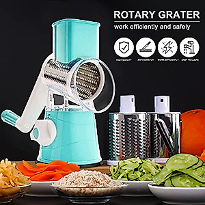 3rd Generation Rotary Cheese Grater, Mandoline Vegetable Slicer with 3 Replacement Blades, Easy to Clean Rotary Shredder for Fruit, Vegetables, Red (Blue)